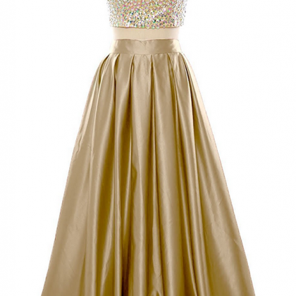 High Neck Prom Dress, Beaded Gold Color Prom Dress, Two Piece Prom ...