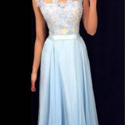 Simple Prom Gowns Light Blue Lace Evening Dresses Modest Chiffon Prom ...