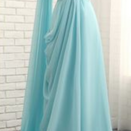 Turquoise Evening Dresses A-line One-shoulder Chiffon Beaded Crystals ...