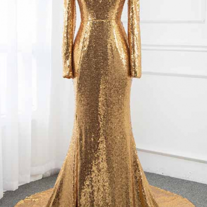 Ruby Outfit Gold Sequins Long Sleeve Prom Dresses Formal Evening Gown ...
