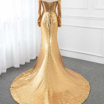 Ruby Outfit Gold Sequins Long Sleeve Prom Dresses Formal Evening Gown ...