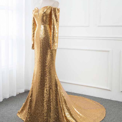 Ruby Outfit Gold Sequins Long Sleeve Prom Dresses Formal Evening Gown ...
