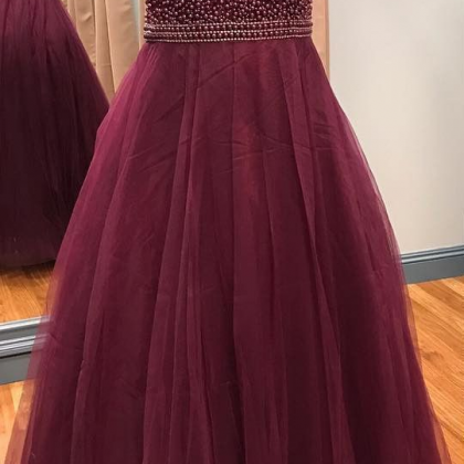 Ruby Outfit Charming V Neck Burgundy Tulle Long Prom Dress With Pearls ...