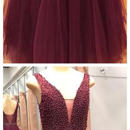 Ruby Outfit Charming V Neck Burgundy Tulle Long Prom Dress With Pearls ...
