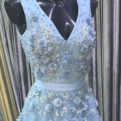 A Line V Neck Floral Light Blue Lace Long Prom Dress, Light Blue Lace ...
