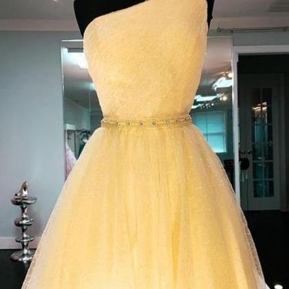 Shiny One Shoulder Yellow Short Prom Homecoming Dress With Belt, Short ...