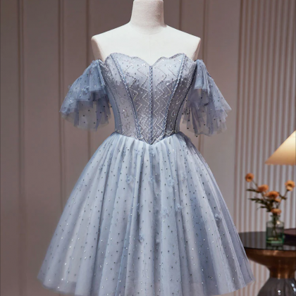 A-line Gray Blue Tulle Short Prom Dress. Cute Gray Blue Homecoming ...