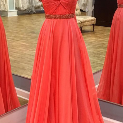 Beaded Straps Long Chiffon Coral Prom Dresses 2017 Floor Length on Luulla