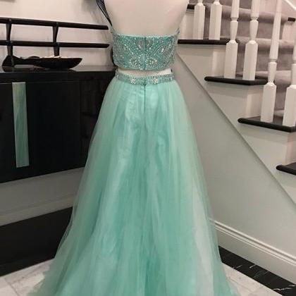 Mint Halter Two Pieces Long Tulle Prom Dresses For Teens,elegant ...