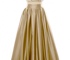 High Neck Prom Dress, Beaded Gold Color Prom Dress, Two Piece Prom ...