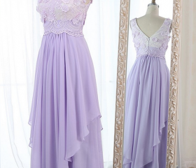 Unique Lilac Chiffon Ruffles Long Lace Applique Prom Dress on Luulla