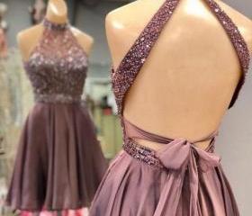 Halter Beaded Open Back Short Homecoming Dress 2020 Custom Made Satin ...