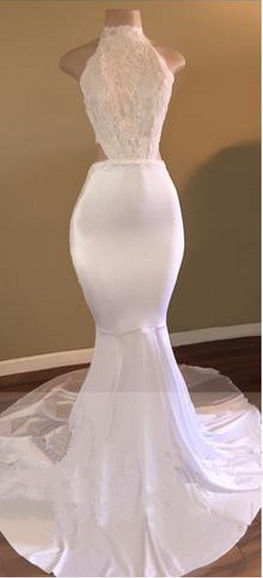 High Neck Open Back White Mermaid Prom Dress on Luulla