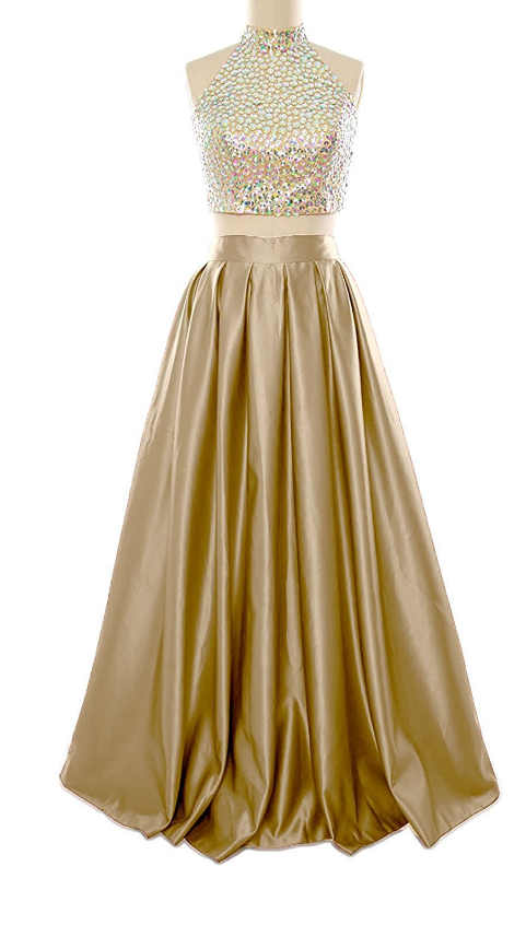 Gold Two-piece Prom Dress Featuring Beaded Embellished High Halter ...