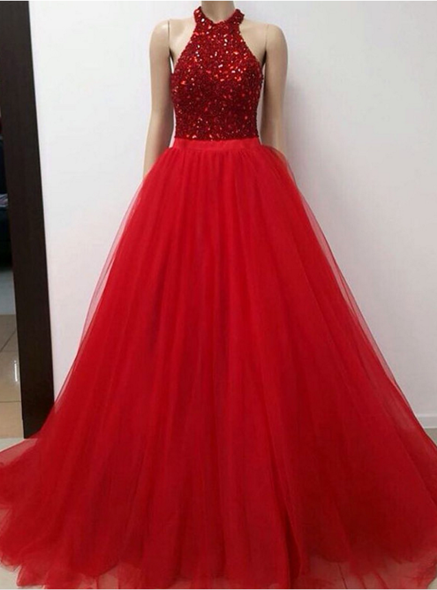 Halter Long Red Prom Dress With Beads on Luulla