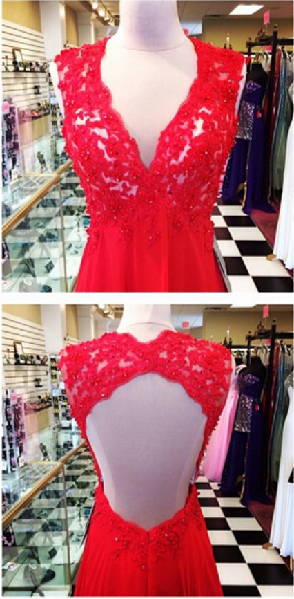 Open Back Long Red Chiffon Prom Dress With Lace Bodice on Luulla