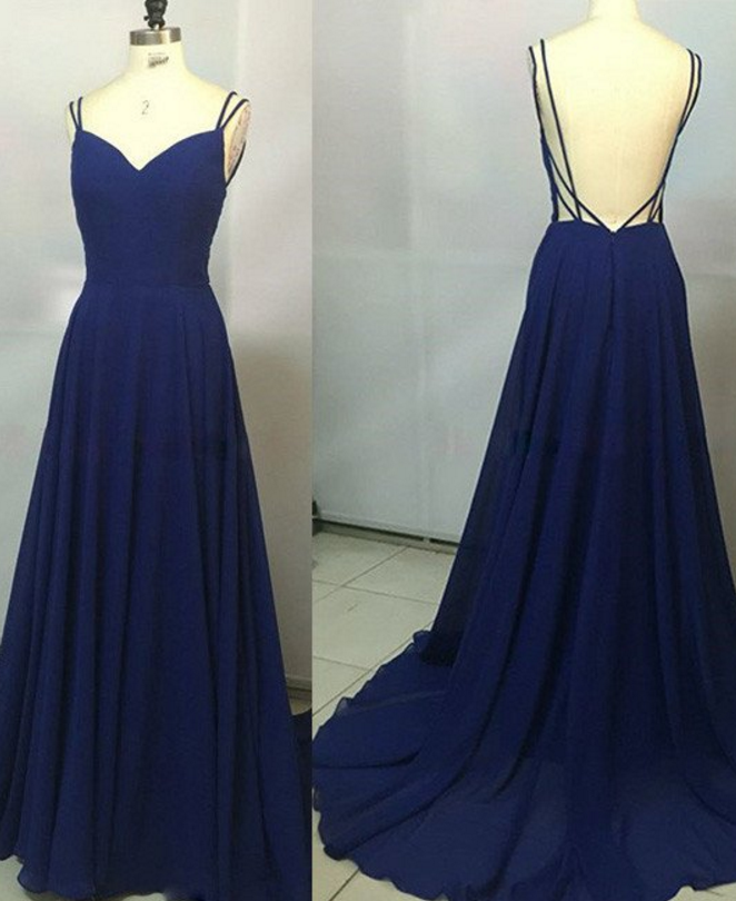 Open Back Long Chiffon Navy Blue Formal Occasion Dress With Doubled ...