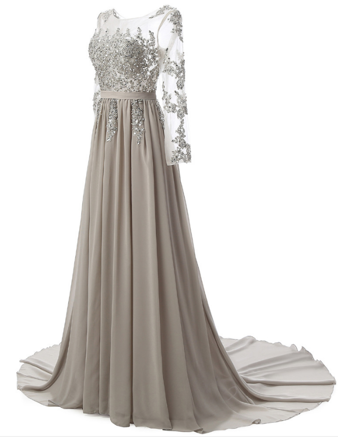 Real Photo Long Sleeve Formal Evening Dress, Grey Dress Ball Gown on Luulla