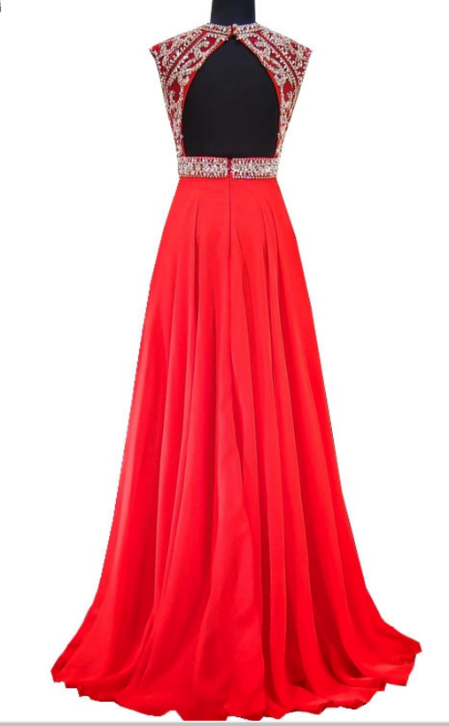 Long Evening Gown, Stunning Exclusive Neckline Crystal Floor-length Red ...