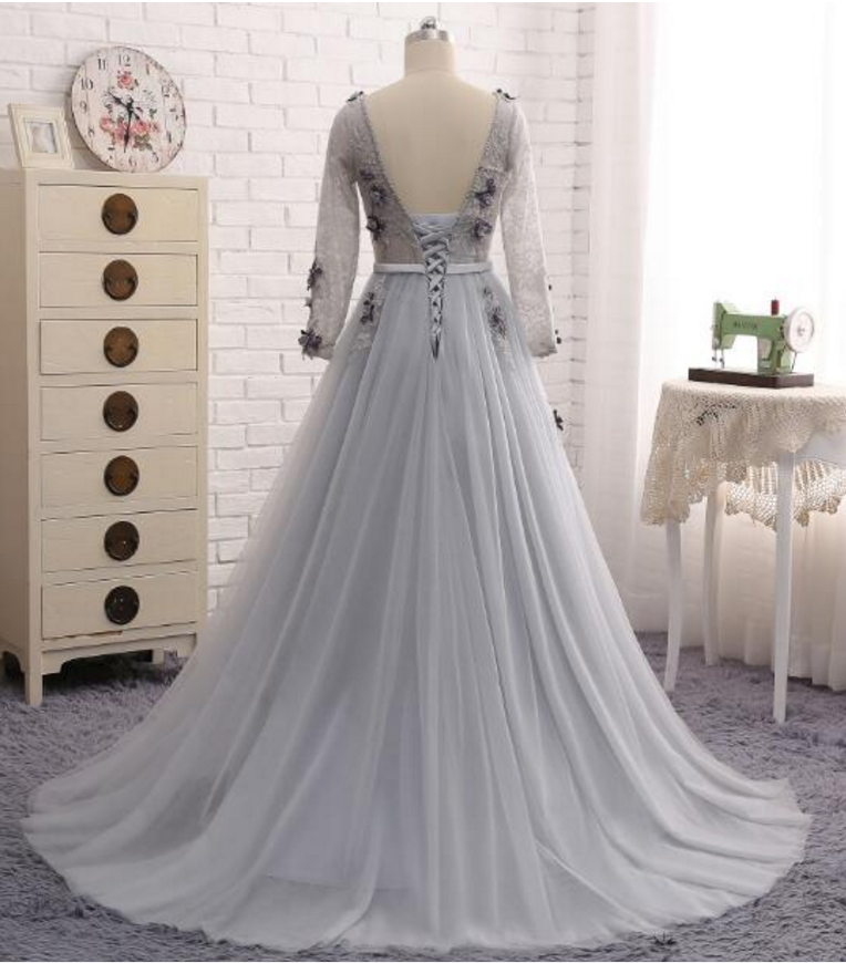 Grey Evening Gown With Lace Tulle Long Sleeves on Luulla
