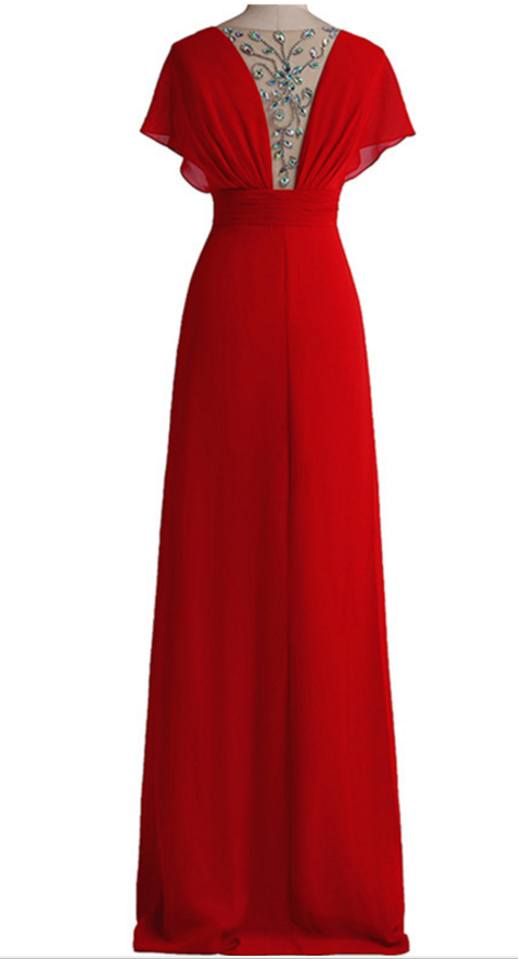 Sexy Deep V-neck Red Evening Dress, Dress Chiffon Crystal Back Formal ...