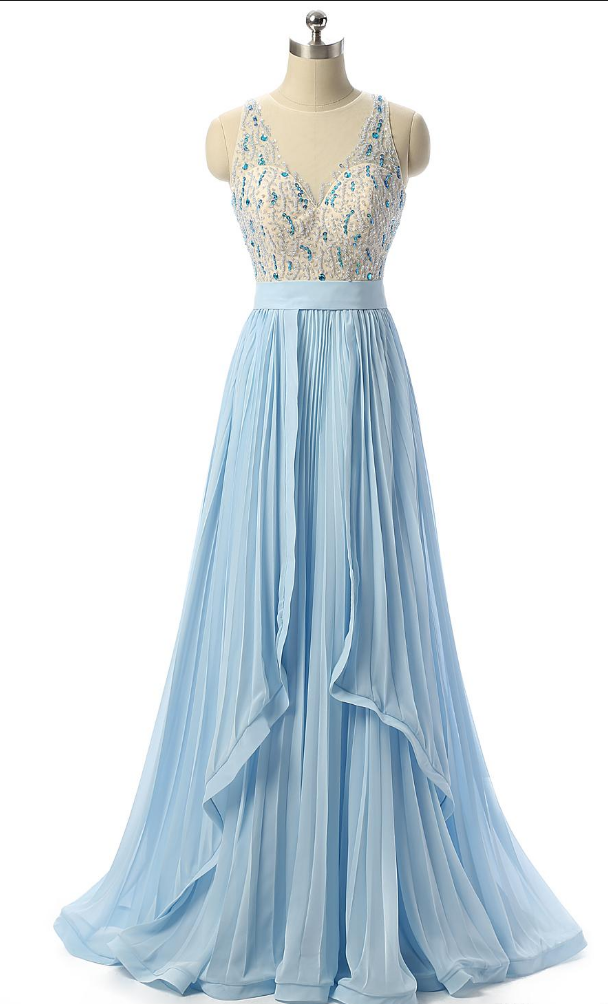 Long Evening Formal Dresses Light Blue Sleeveless A Line Floor Length ...