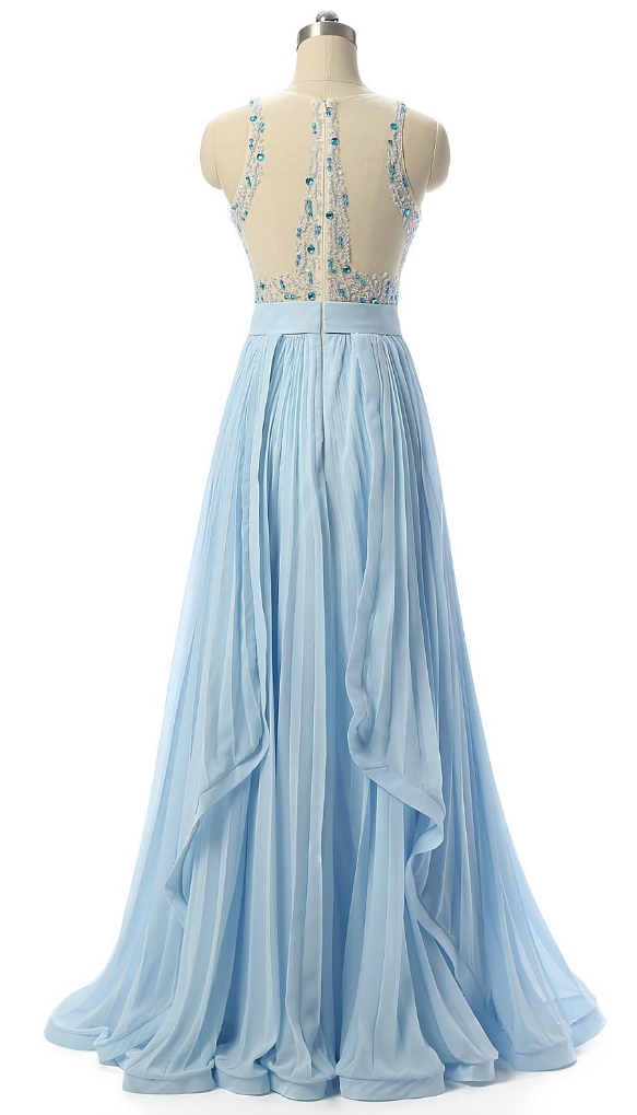 Long Evening Formal Dresses Light Blue Sleeveless A Line Floor Length ...