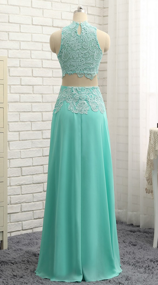 A Line High Collar Chiffon Lace Two Pieces Long Prom Gown Evening