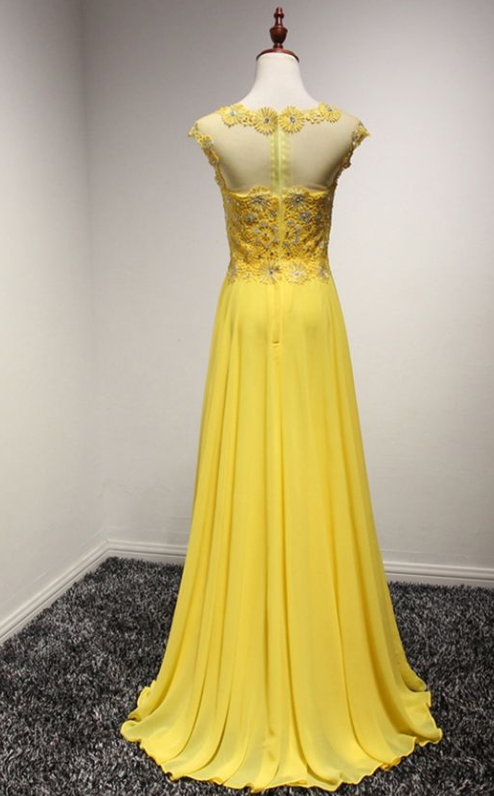 Flowy ,long Chiffon, Prom Dress In Yellow With Lace ,beading Top,floor ...
