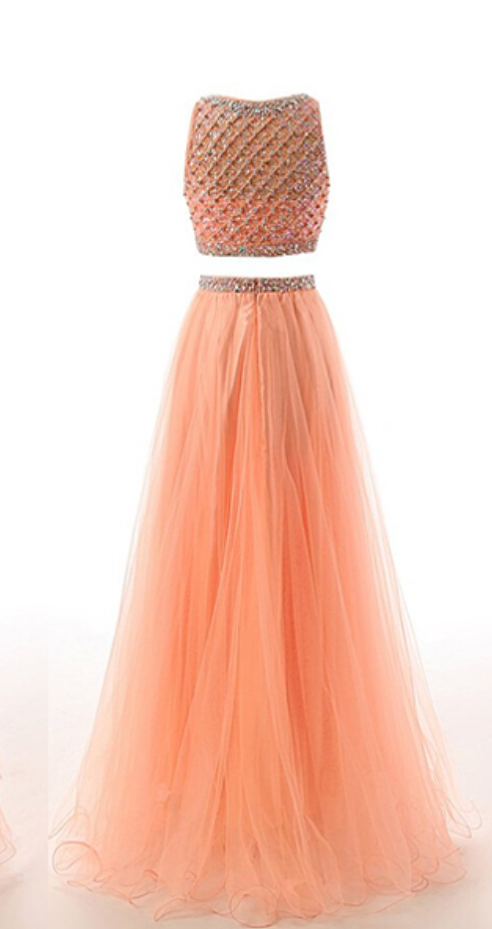 Two Piece Prom Dress, Beading Prom Dress, Pretty Prom Dress, Tulle Prom ...