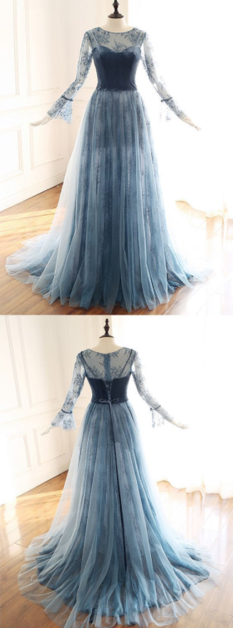 Gorgeous Blue Gray Lace Long Velvet Custom Made Formal Prom Dress With ...