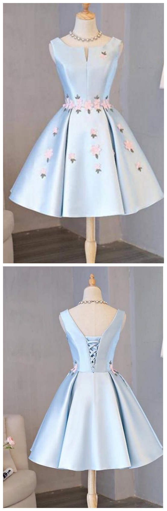 Light Blue Sleeveless Satin Short Prom Dress With Appliques, Homecoming ...