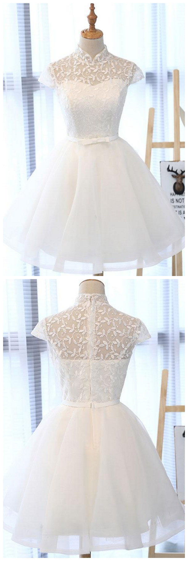 White Lace Short Prom Dress, White Homecoming Dress on Luulla