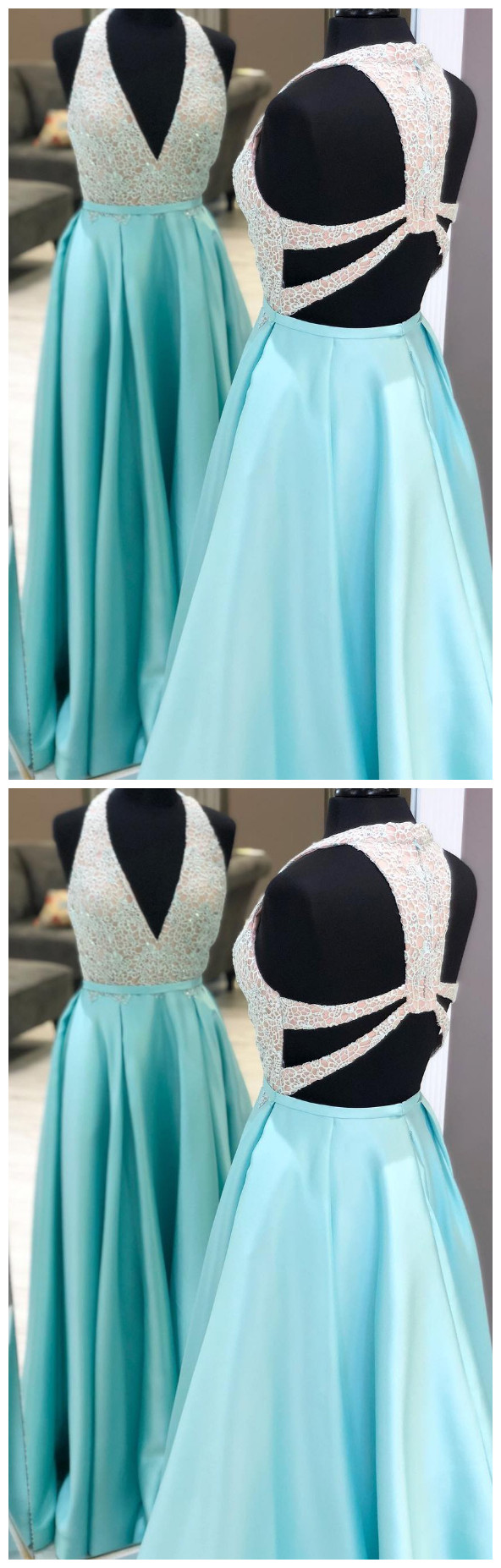 Plunging Neck Long Beading Ice Blue Prom Dress on Luulla