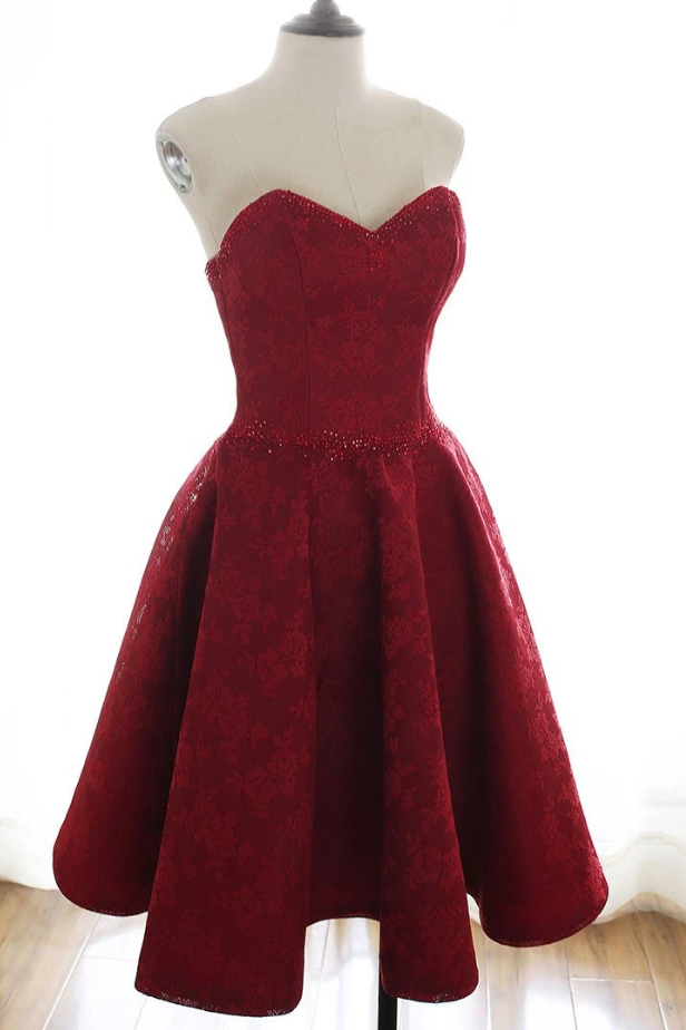 Burgundy Sweetheart Lace Short Prom Dress Burgundy Homecoming Dress on ...