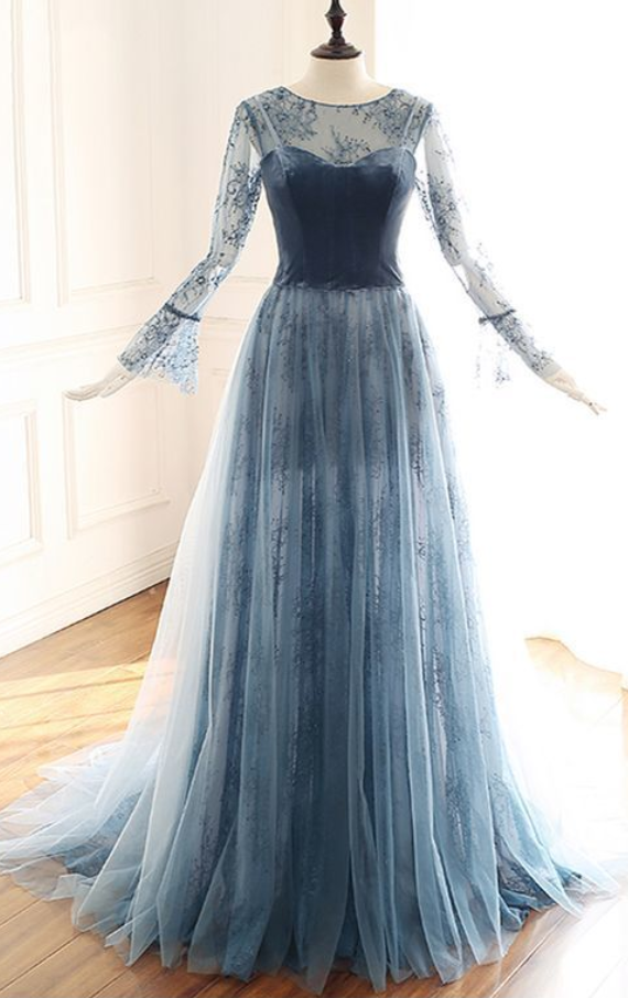 Gorgeous Lace Long Velvet Custom Made Formal Prom Dress With Sleeve on ...