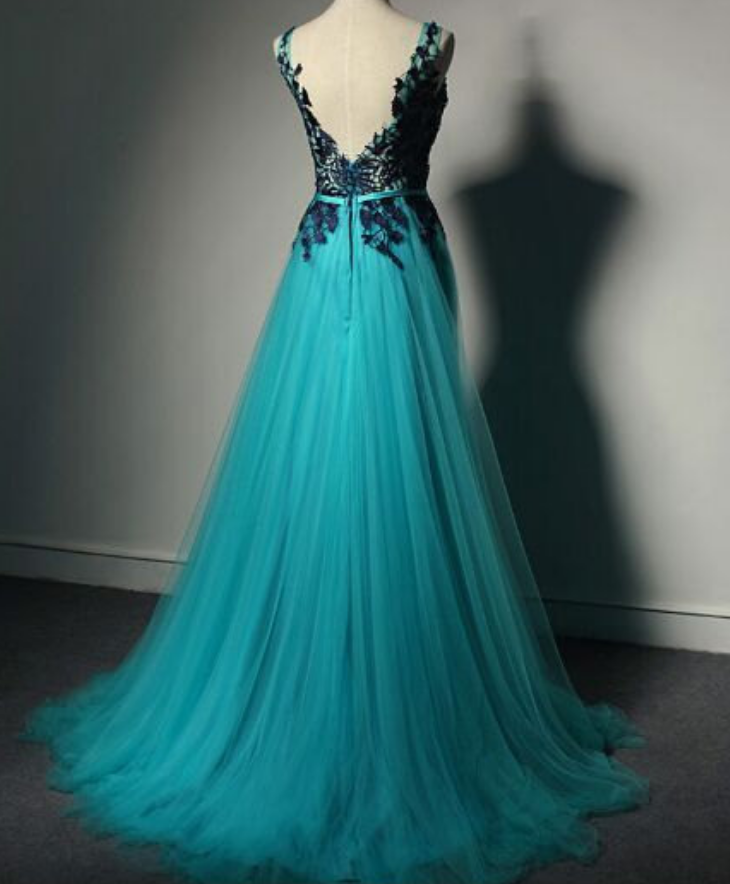 Turquoise Prom Dress With Black Lace, Tulle Prom Dress,long Prom Dress ...