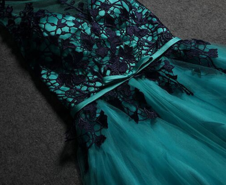Turquoise Prom Dress With Black Lace, Tulle Prom Dress,long Prom Dress ...