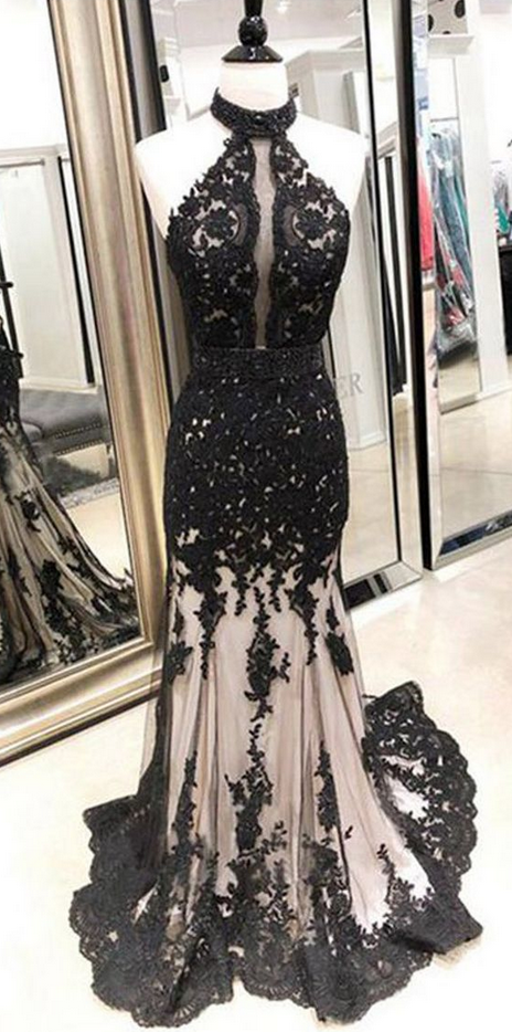 Black Lace Mermaid Halter Open Back Evening Prom Dresses,mermaid Maroon ...