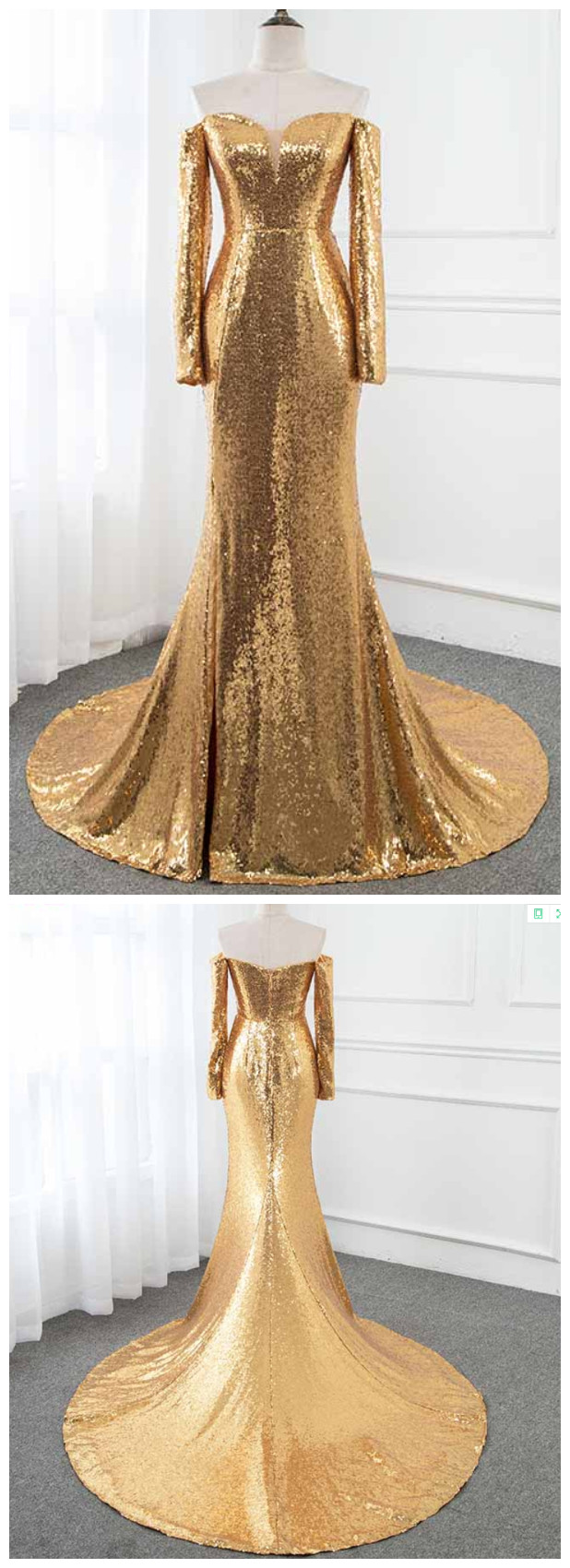 Ruby Outfit Gold Sequins Long Sleeve Prom Dresses Formal Evening Gown ...