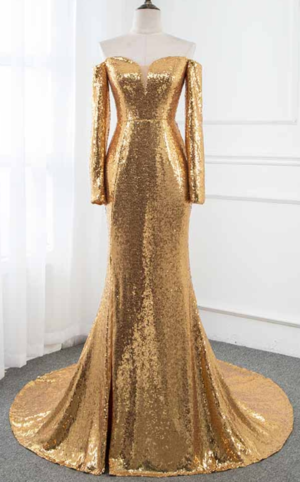 Ruby Outfit Gold Sequins Long Sleeve Prom Dresses Formal Evening Gown ...
