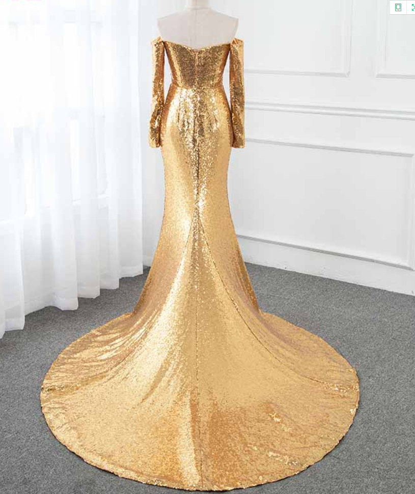 Ruby Outfit Gold Sequins Long Sleeve Prom Dresses Formal Evening Gown ...