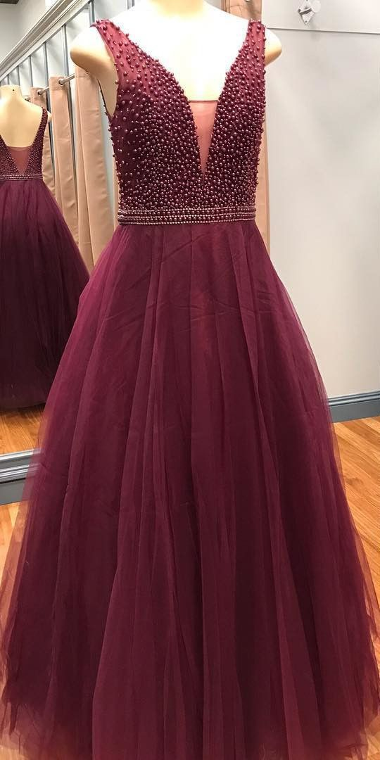 Ruby Outfit Charming V Neck Burgundy Tulle Long Prom Dress With Pearls ...