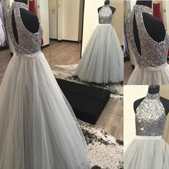 Long Elegant Grey Ball Gown High Neck Sleeveless Beading Prom Dresses ...