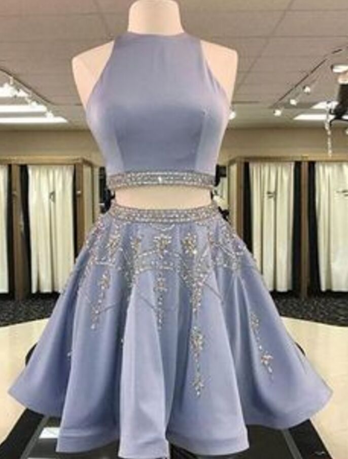 Light Blue Party Dress Two Piece Evening Dress Beaded Homecoming Short ...
