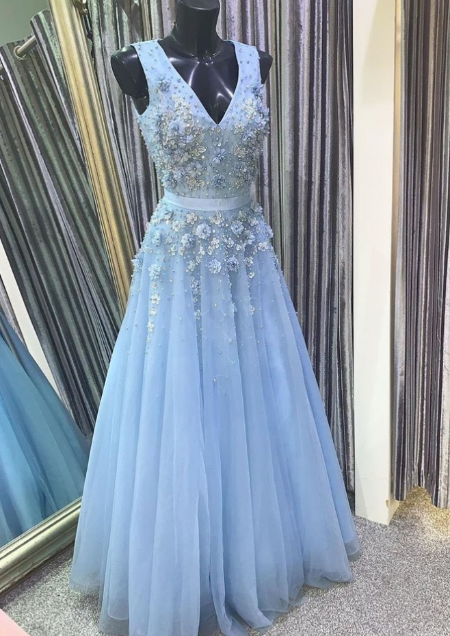 A Line V Neck Floral Light Blue Lace Long Prom Dress, Light Blue Lace ...