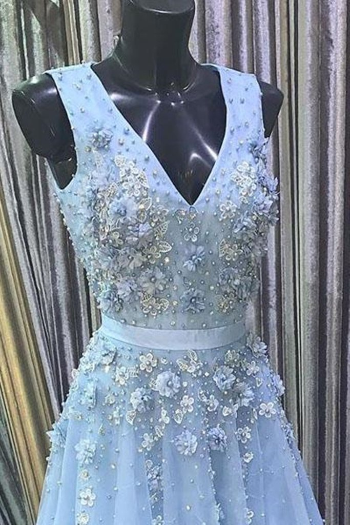 A Line V Neck Floral Light Blue Lace Long Prom Dress, Light Blue Lace ...