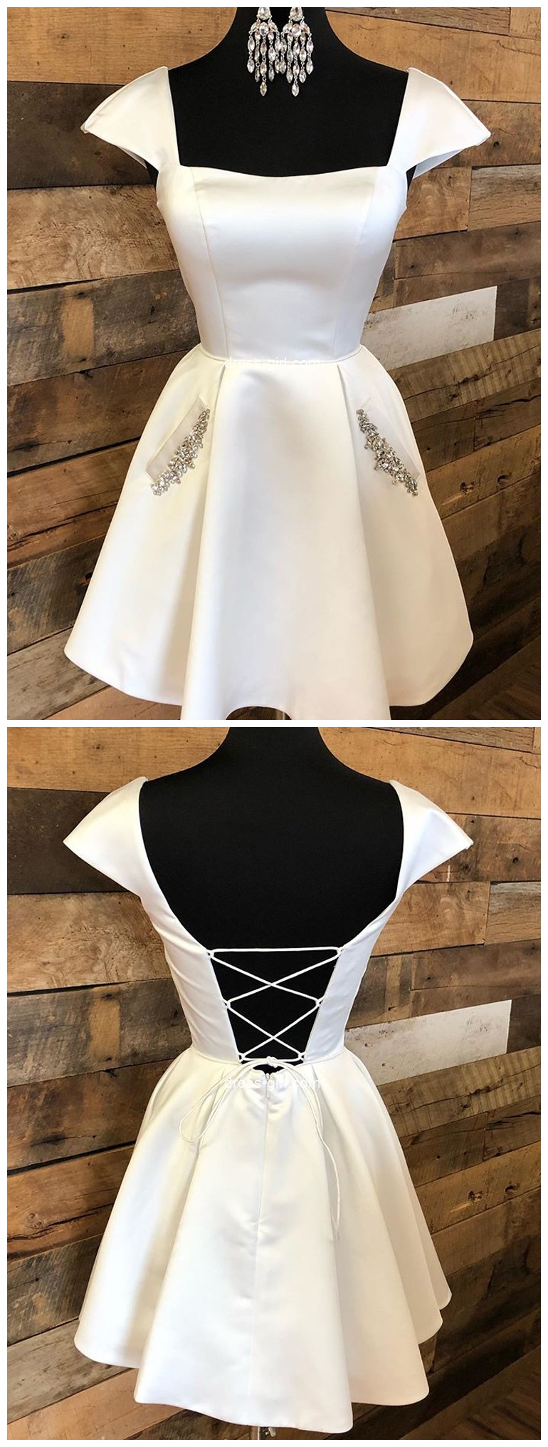 Vinatge A-line Square Neck White Satin Homecoming Dress With Beaded ...