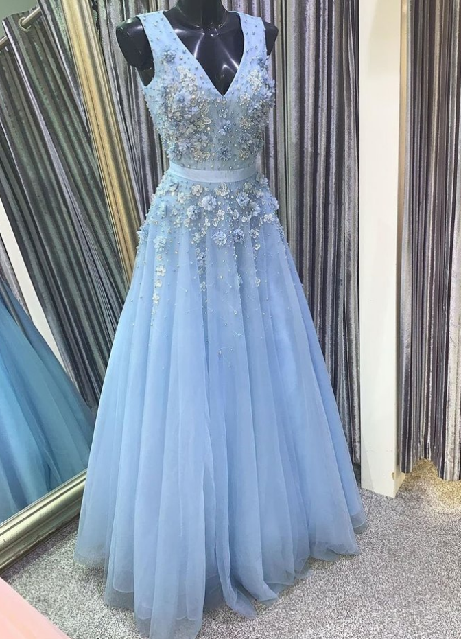 A Line V Neck Floral Lace Long Prom Dress, Lace Formal Graduation ...