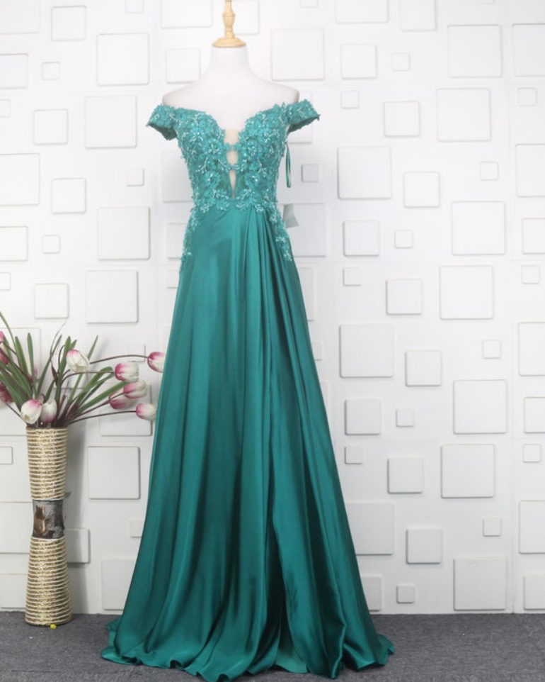 Off-shoulder Deep V Prom Dress,Long Prom Gown,Long Satin Evening Dress ...